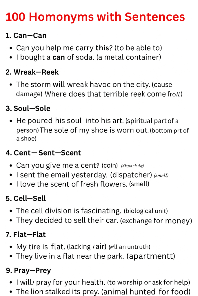 List of Homonyms Sentences with 100 Examples